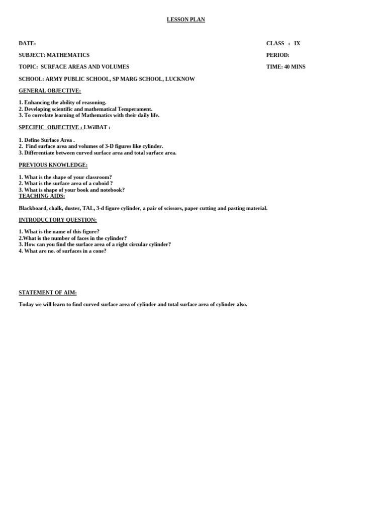Surface Areas and Volumes Lesson Plan | PDF | Area | Surface Area