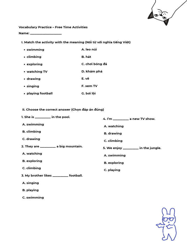Vocabulary Practice - Free Time Activities | PDF