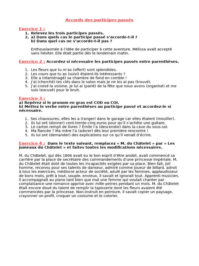 Accords Des Participes Passés-Exercices | PDF