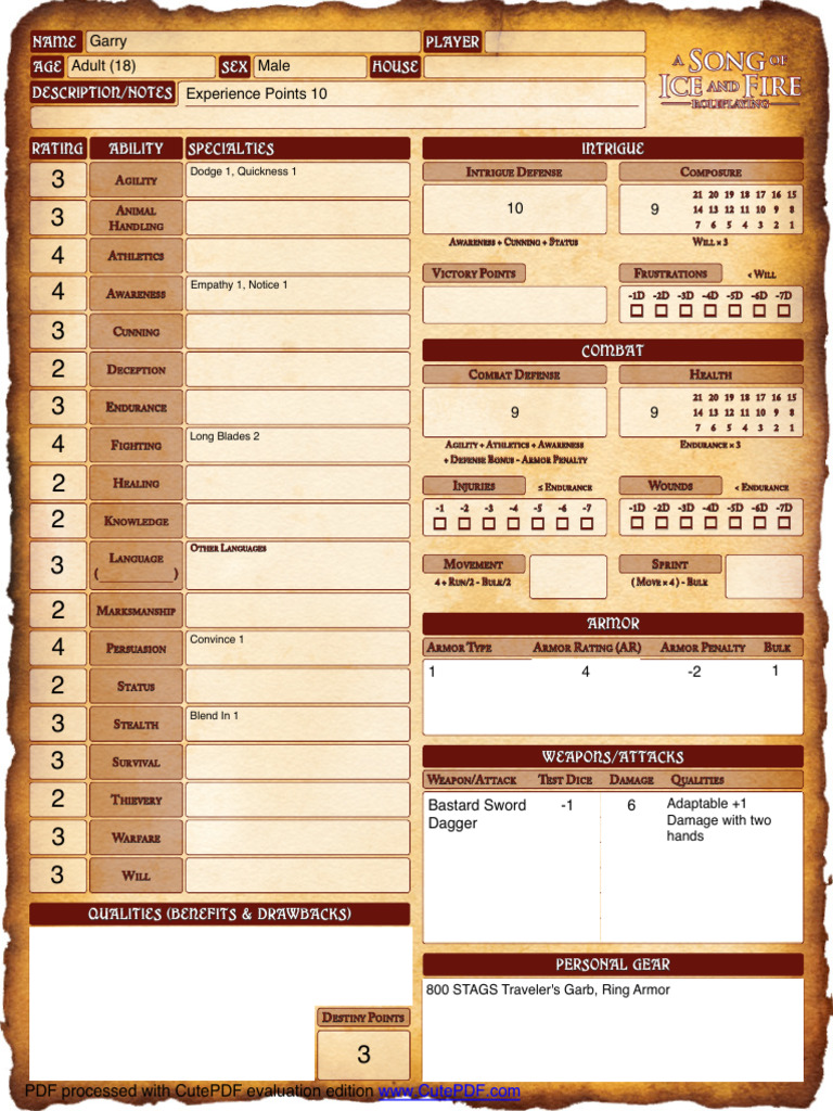 ASOIAF RPG character sheet | PDF