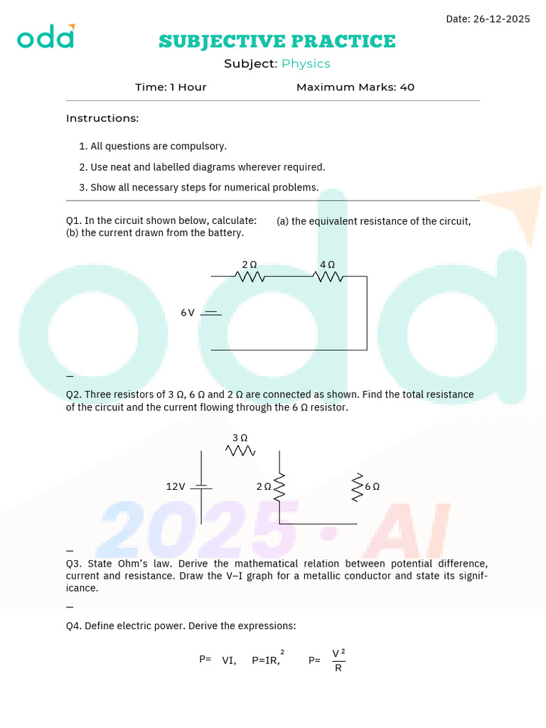 Physics Practice Questions on Electricity and Light | PDF