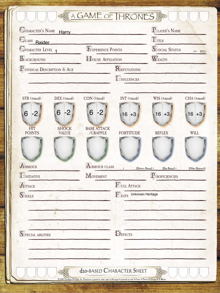 AGOT Sheet | PDF