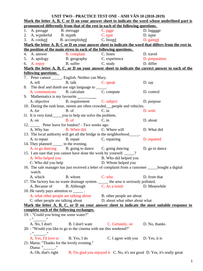Anh Văn 10 Practice Test 2018-2019 | PDF | Robinson Crusoe