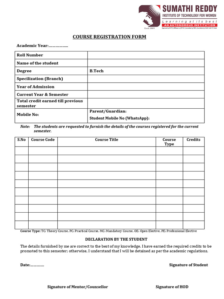 B.Tech Course Registration & Undertaking Form | PDF