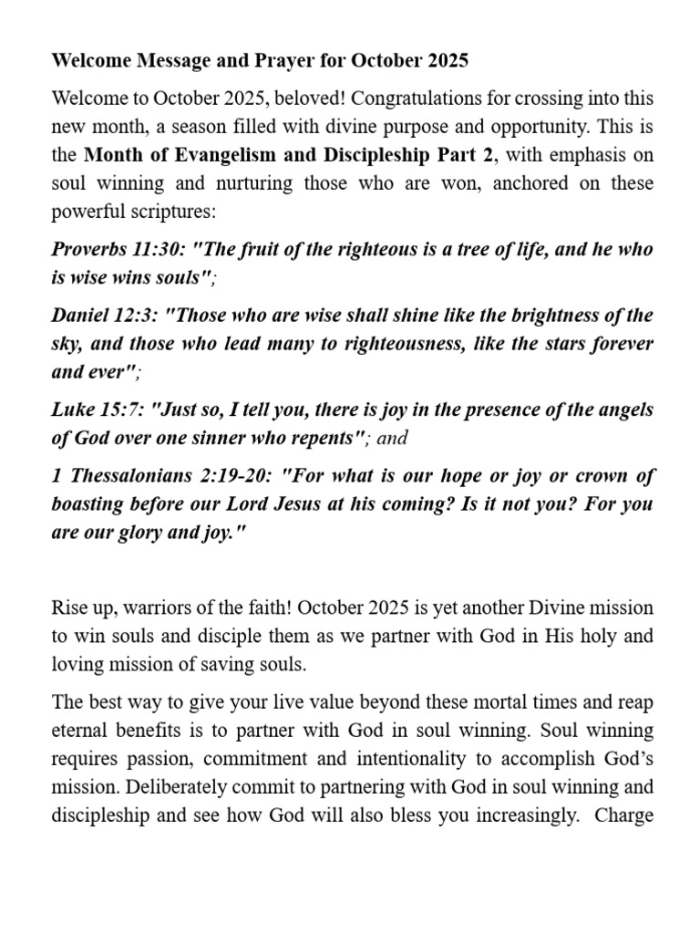 Welcome Message and Prayer For October 2025 | PDF | God In Christianity ...
