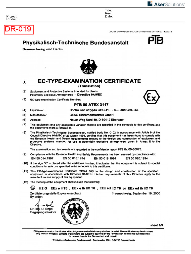 (DR-019) PTB 00 Atex 3117 (31000927395) | PDF