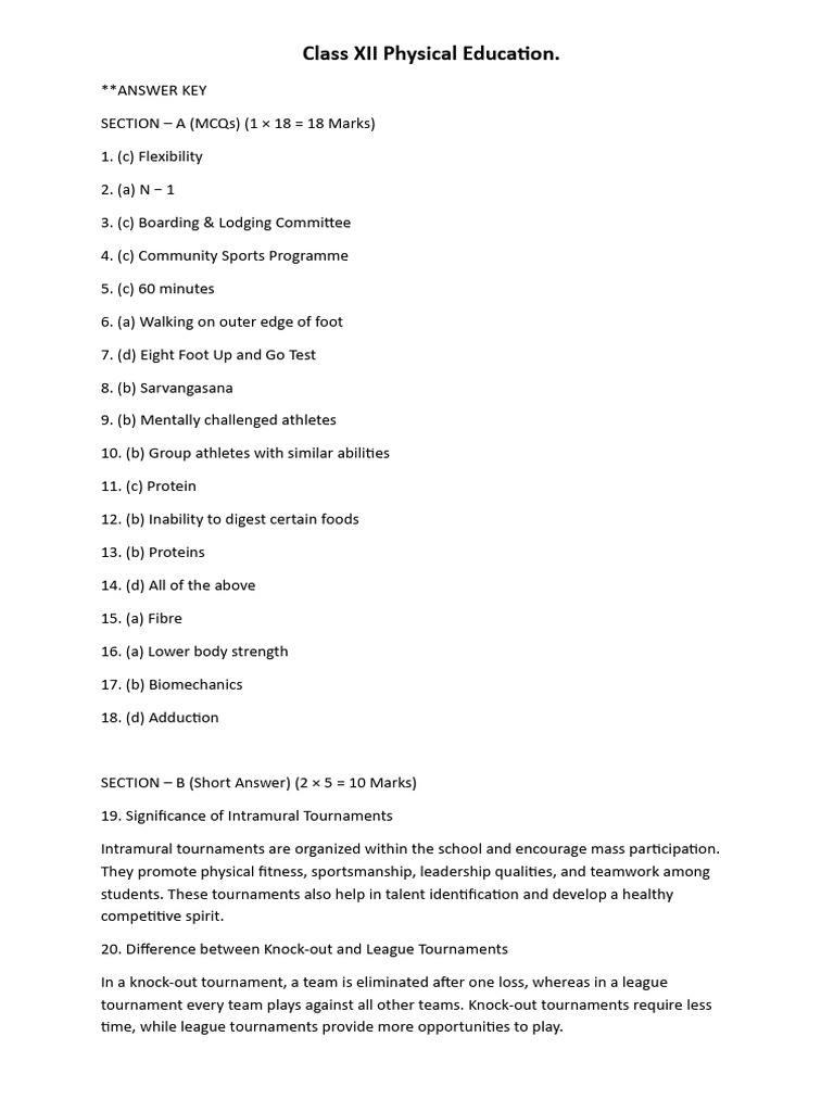 Class XII Physical Education Answer Key | PDF | Skeletal Muscle ...