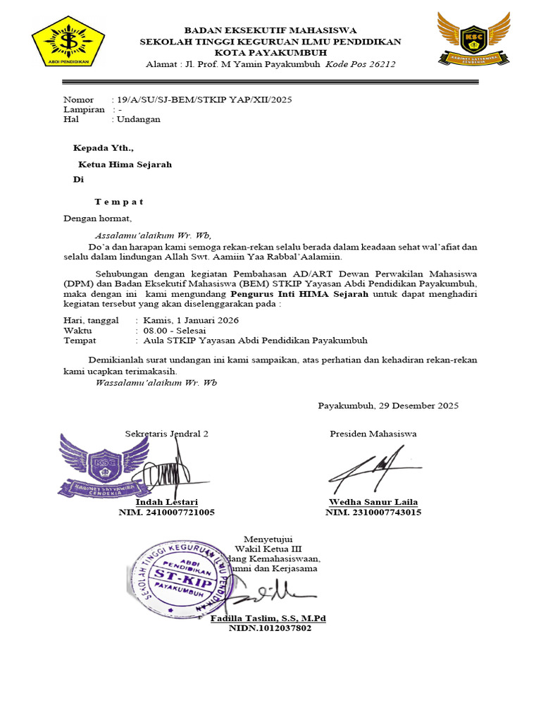 Surat Undangan Hima Sejarah 19 | PDF