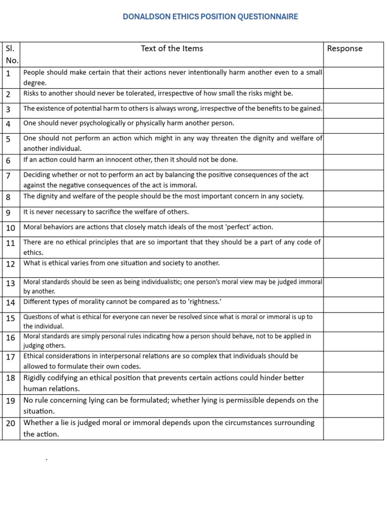 Donaldson Ethics Position Questionnaire | PDF