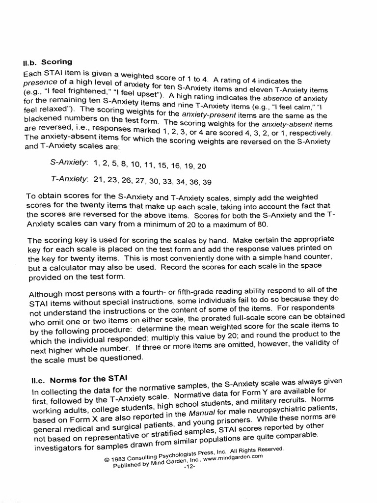 STAI Scoring and Norms Explained | PDF | Neurosis | Anxiety