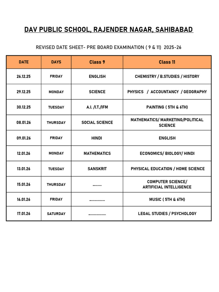 Revised Date Sheet Pre Board Class 9 & 11-1 (1) | PDF