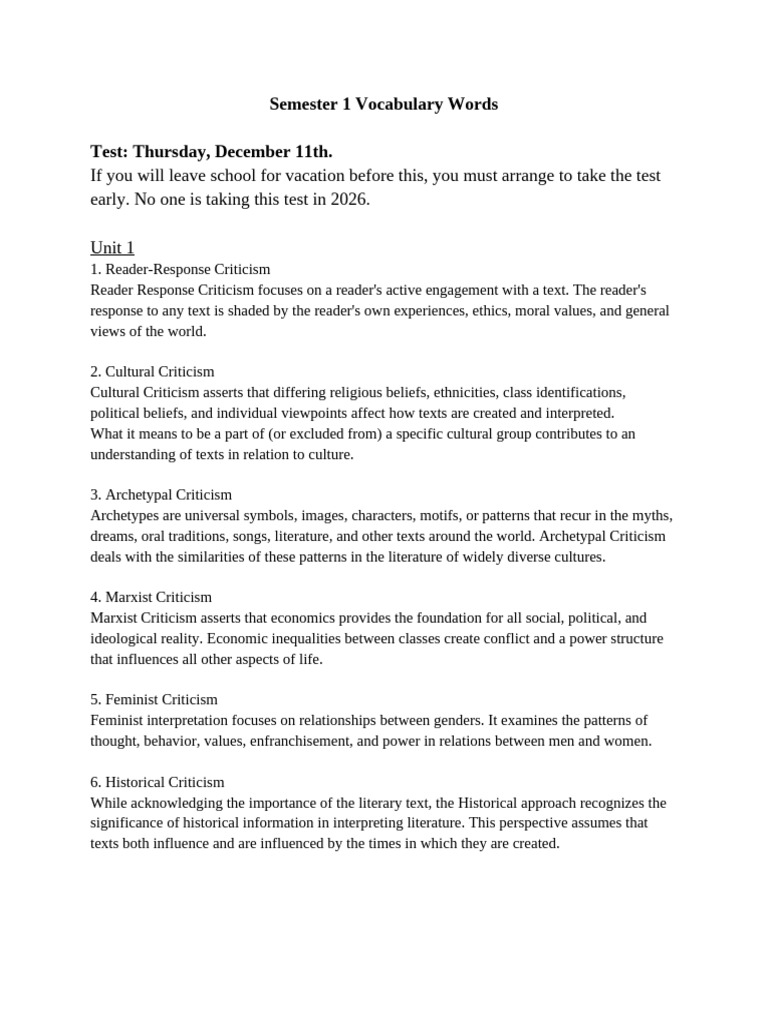 Semester 1 Vocabulary Study Guide | PDF | Archetype | Feminism