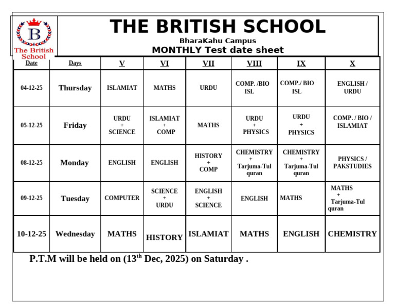Monthly Test Date Sheet for (5 to 10) | PDF