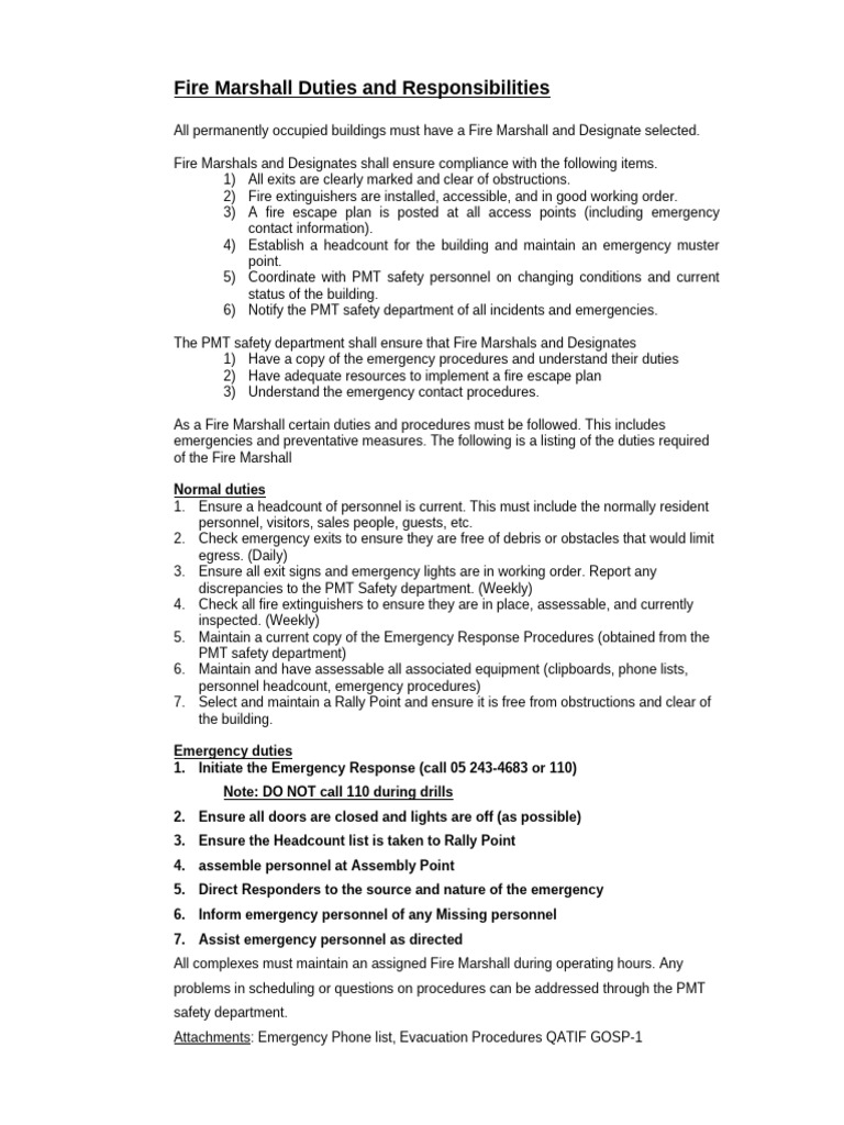 Fire Marshall Responsibilities Overview | PDF | Emergency | Safety