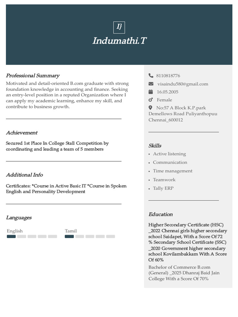 Indumathi.t_resume_778 - Indu Mathi | PDF