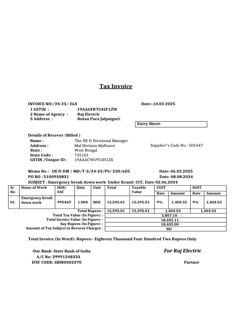 Invoice No 263 Po No-5100950831 Emergency Break Down Work 2024 | PDF ...