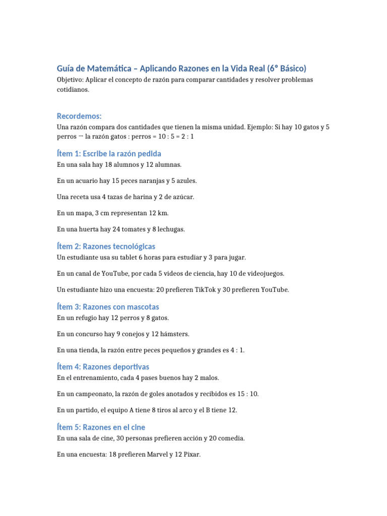Razones en la Vida Real: Guía 6º Básico | PDF