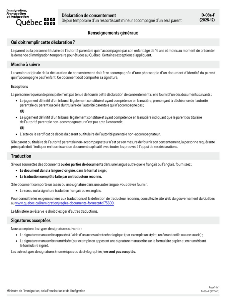 Déclaration de consentement parentale Québec | PDF | Signature | Québec