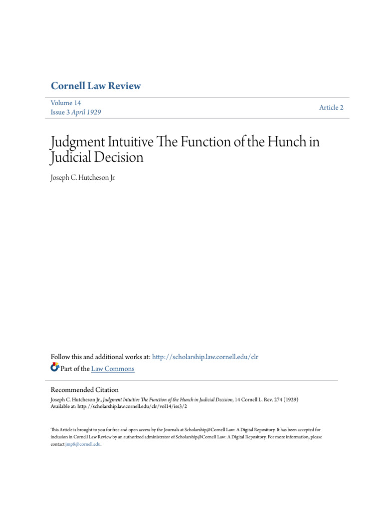 (1929) Hutcheson Jr. - Judgment Intuitive The Function of the Hunch in ...