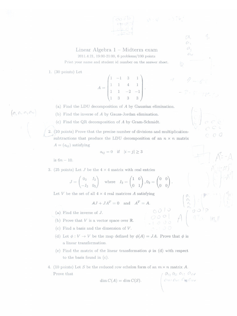 Linear Algebra 1 Final Exam Problems | PDF | Matrix (Mathematics ...