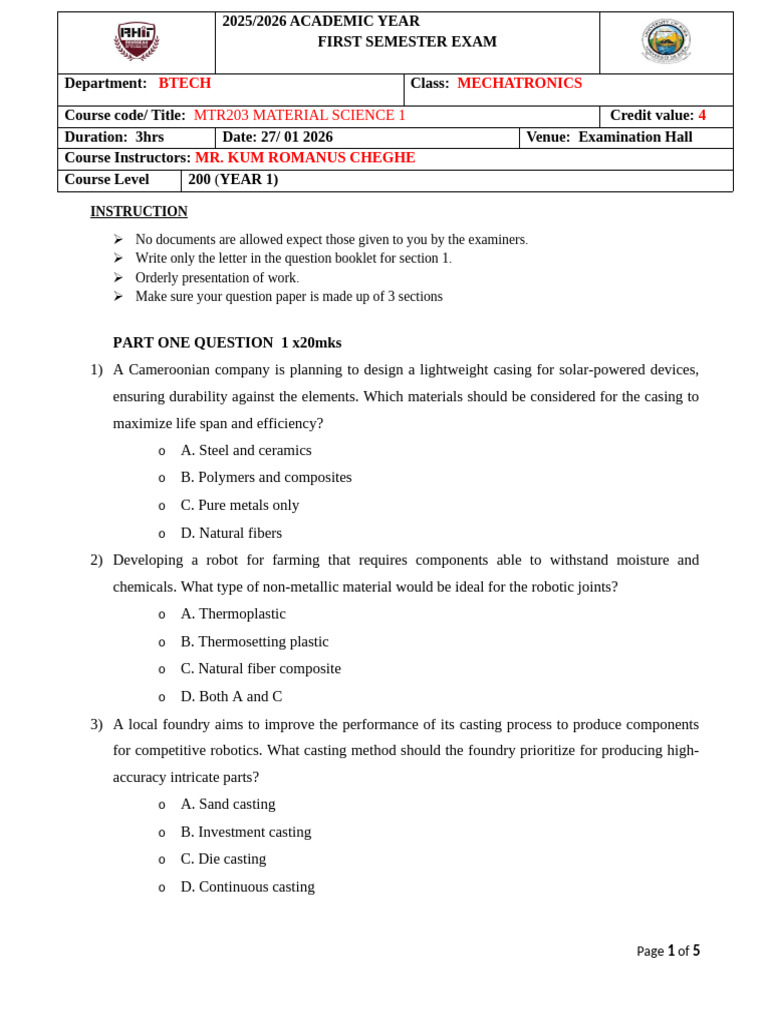 Mechatronic Set a Exam | PDF | Metals | Composite Material