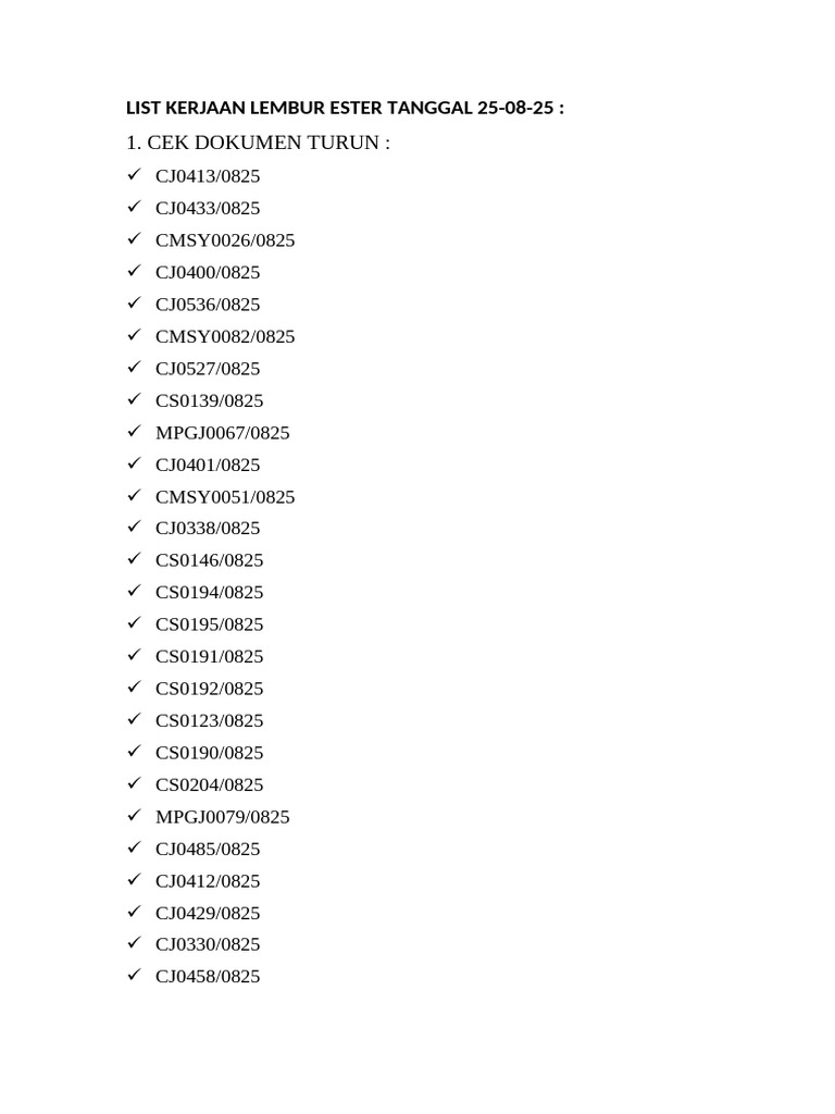 List Kerjaan Lembur Ester Tanggal 25 Agustus | PDF