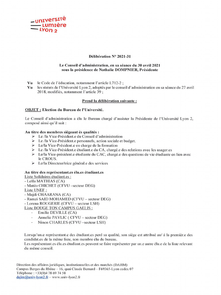 Délibération 2021-31 Election du Bureau de l'Université | PDF