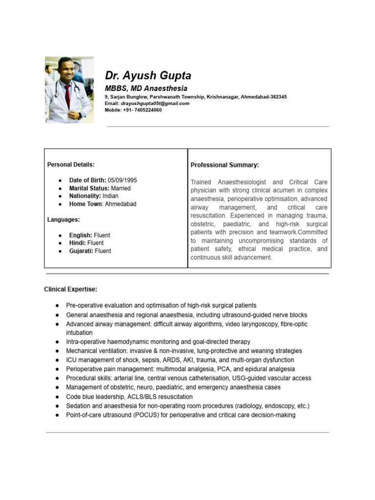Dr. Ayush Gupta: Anaesthesiologist Profile | PDF | Anesthesia ...