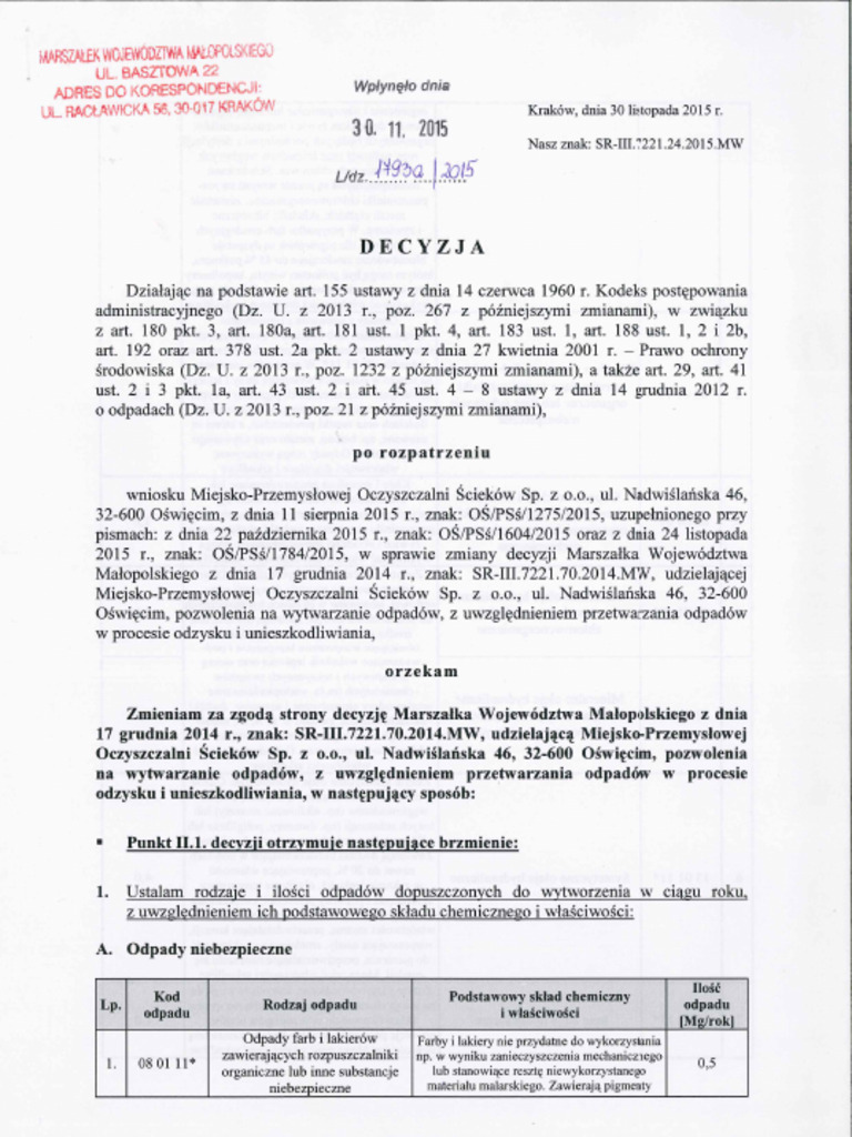 Decyzja z 2015.11.30 - Zm.1 Pozw. Na Wytw. i Przetw. Odpadow | PDF