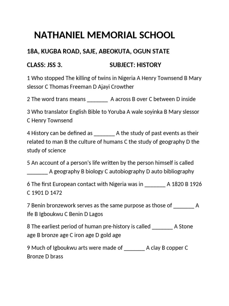 JSS 3 History Quiz Questions | PDF