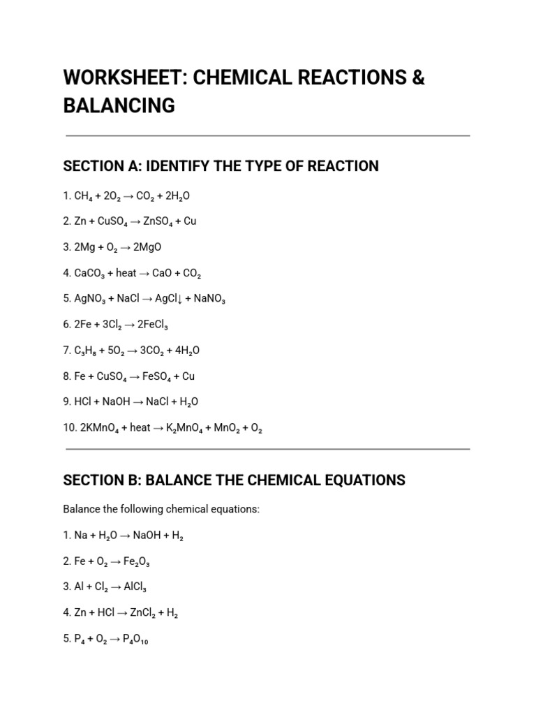 Worksheet - Chemical Reactions & Balancing | PDF | Chemical Reactions ...