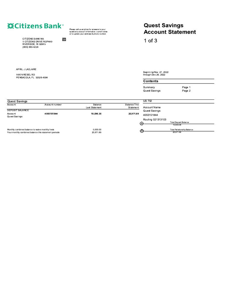 Citizen Bank April J Laclaire Nov 22s | PDF