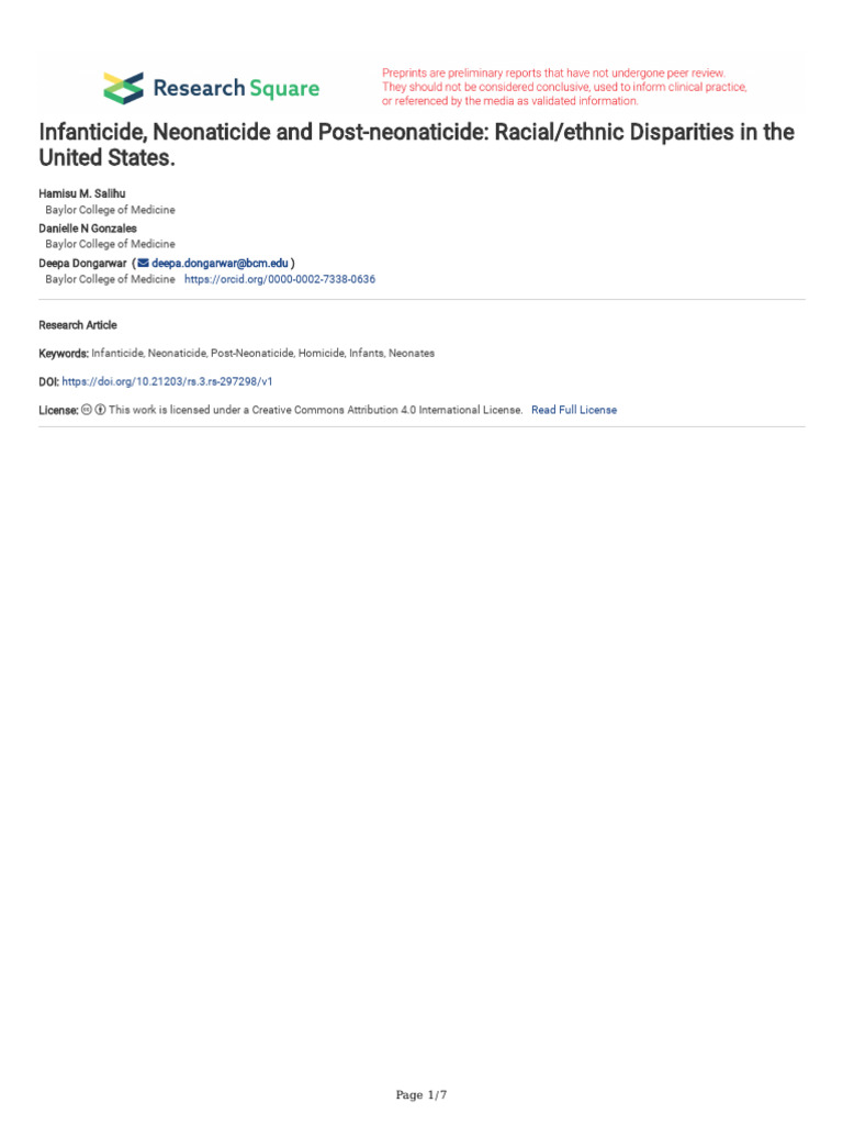 Racial Disparities in Infant Homicide Rates | PDF | Postpartum ...