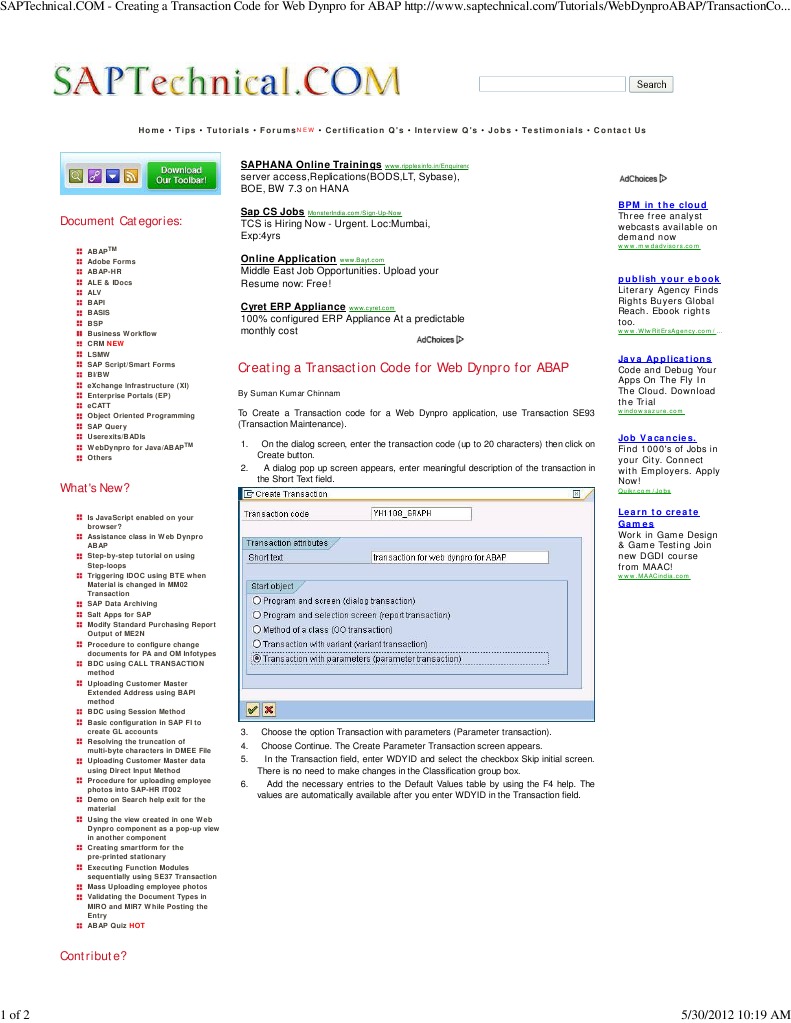Creating A Transaction Code For Web Dynpro For Abap Pdf Sap Se Online And Offline