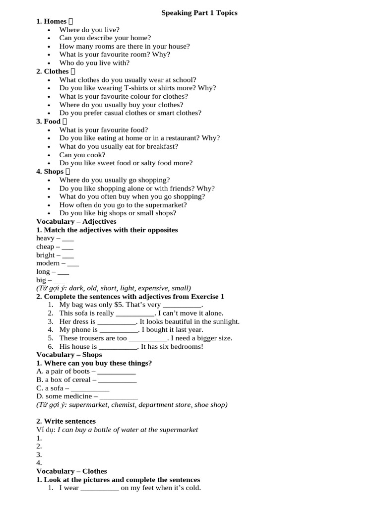 Speaking Part 1 Topics + Unit 3,4 Vocab | PDF | Cuisine