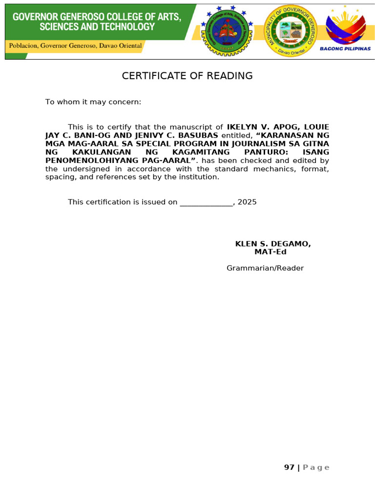 Certificate of Reading for Manuscript | PDF