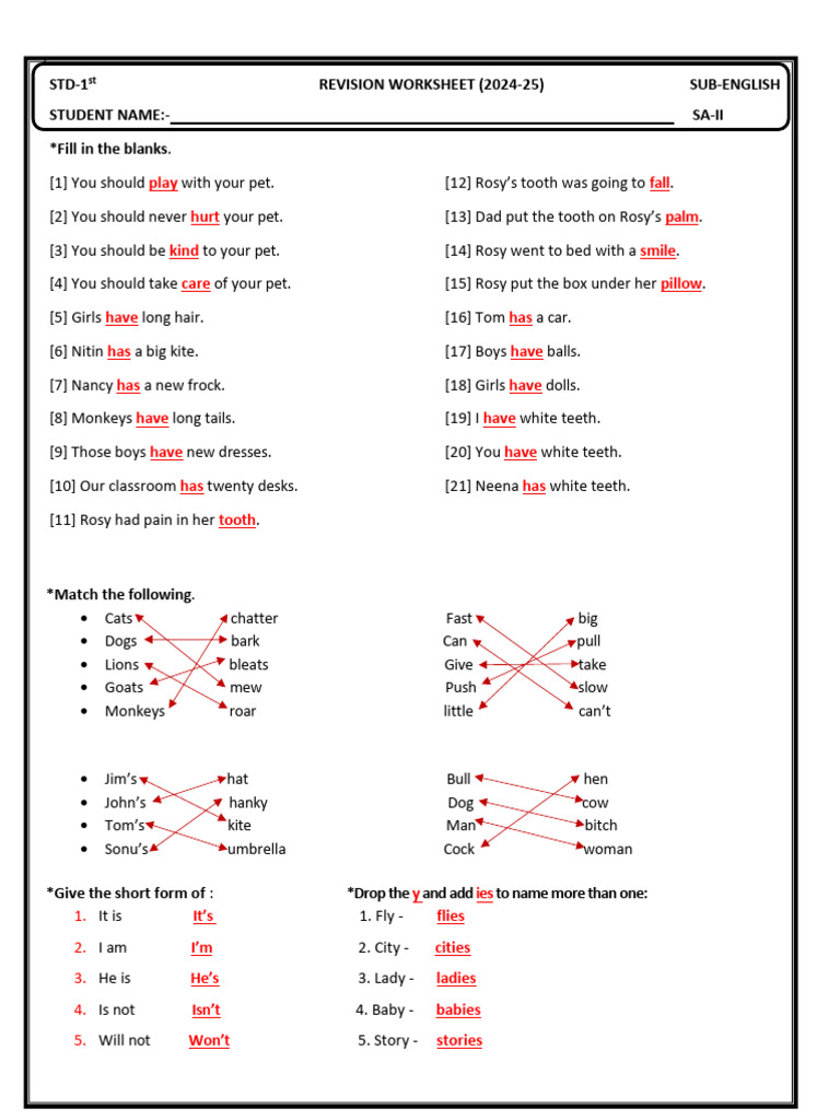English Revision Worksheet for Std 1 | PDF