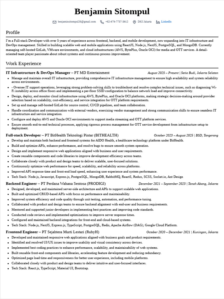 Benjamin Sitompul Resume | PDF | Cloud Computing | Computing