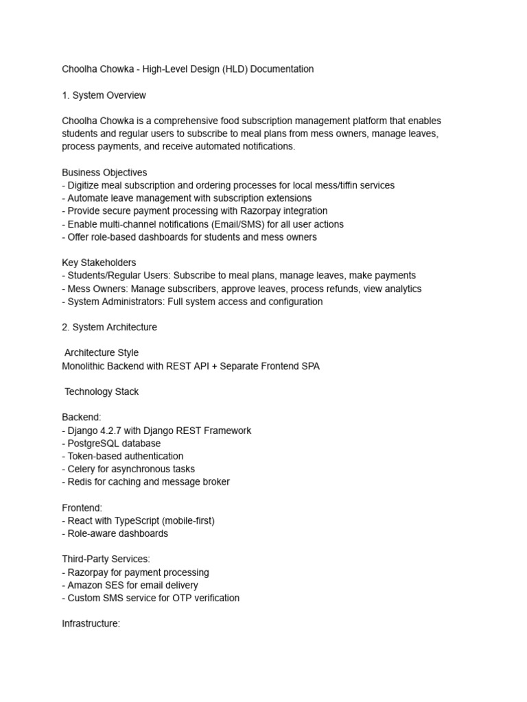 Choolha Chowka - High-Level Design (HLD) Documentation | PDF ...