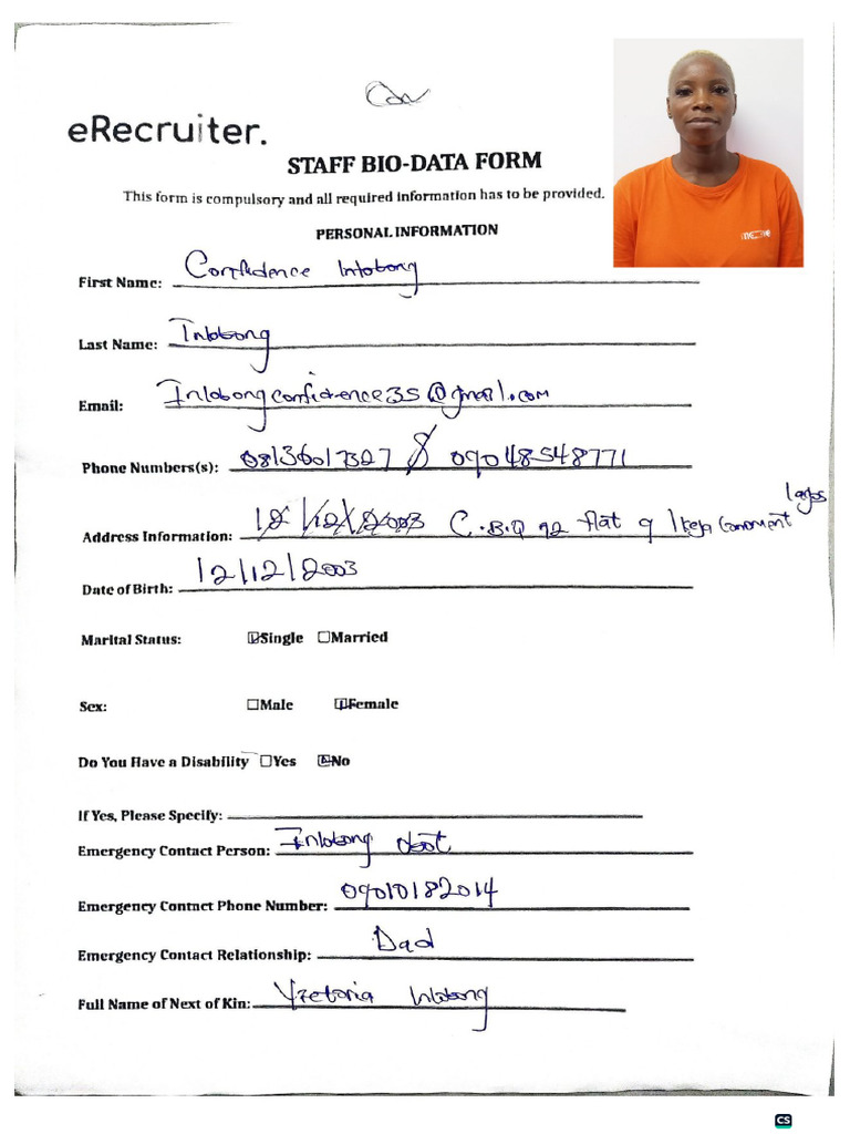 Confidence Bio-Data Form | PDF