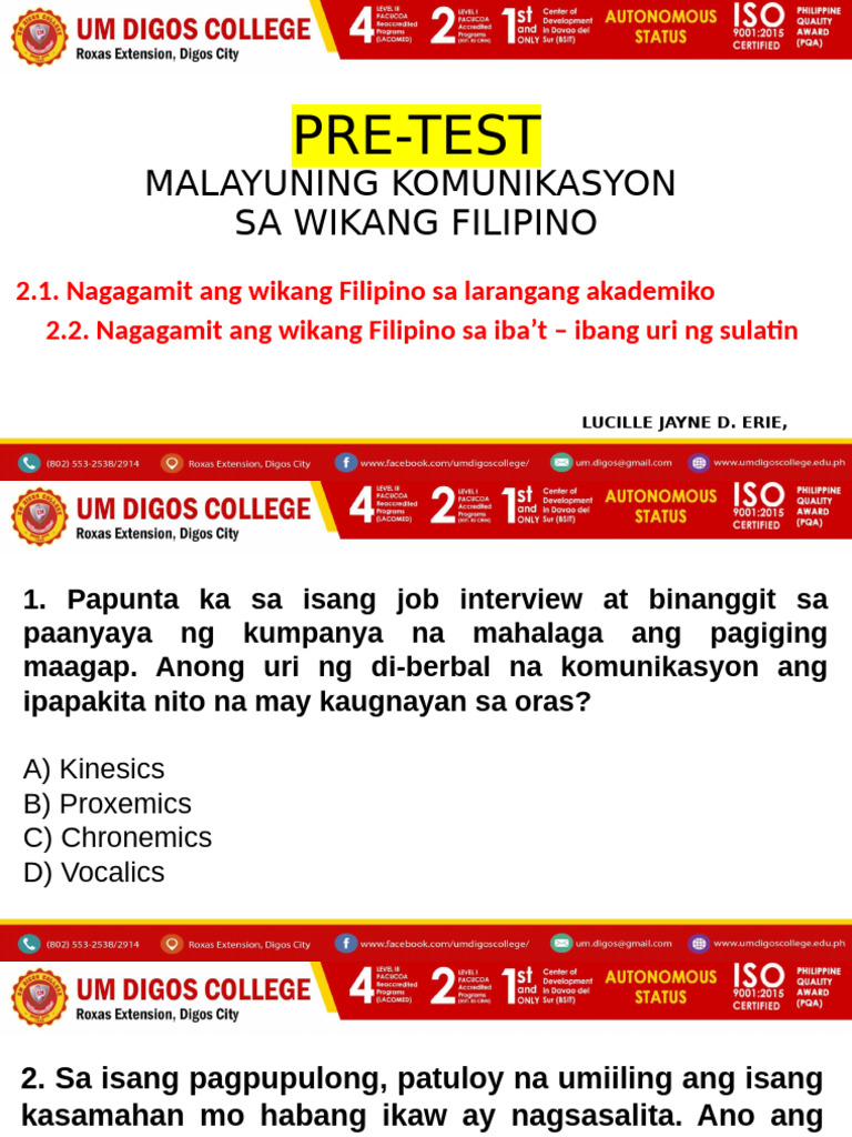 Pre Test (Gen Ed Filipino) | PDF