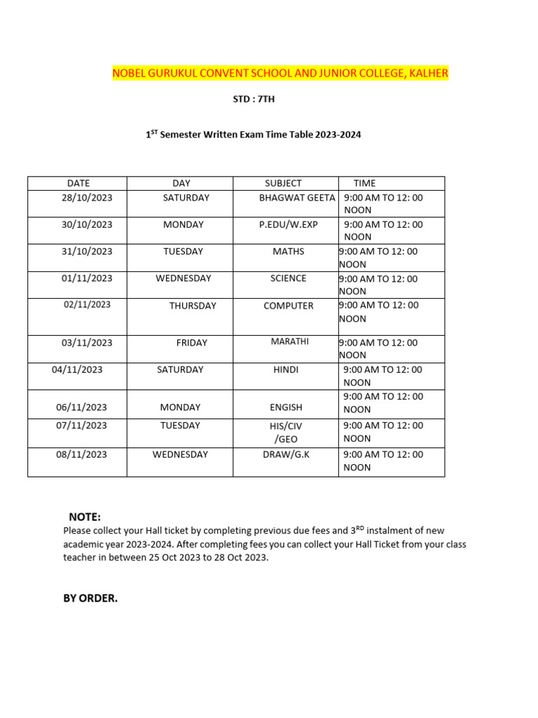 STD 7 1st Semester Written Exam Time Table - 2023 - 2024... | PDF