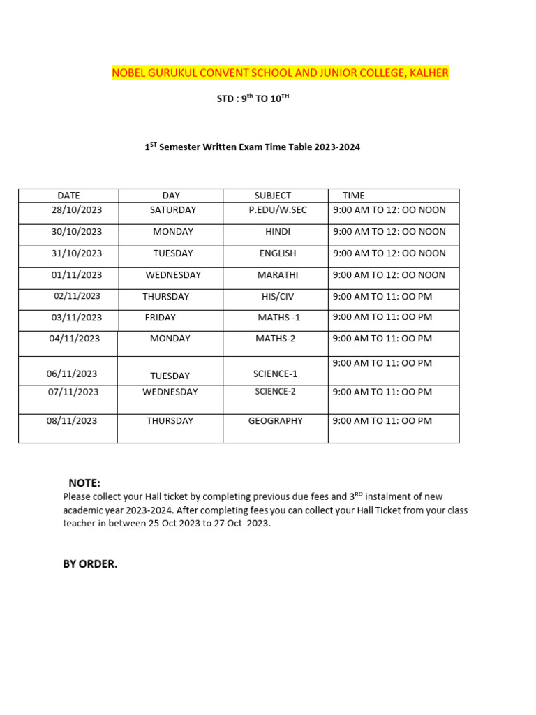 STD 9th To 10th 1st Semester Time Table 2023 - 2024 | PDF