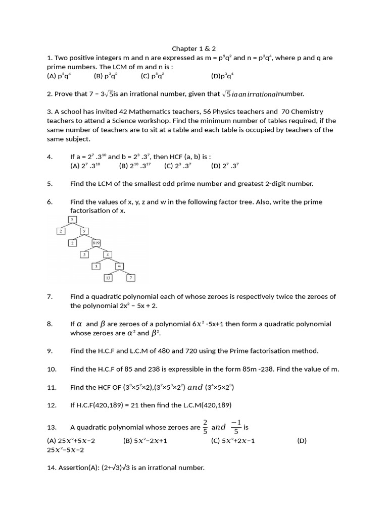 Math Problems on LCM, HCF, and Polynomials | PDF | Factorization | Numbers