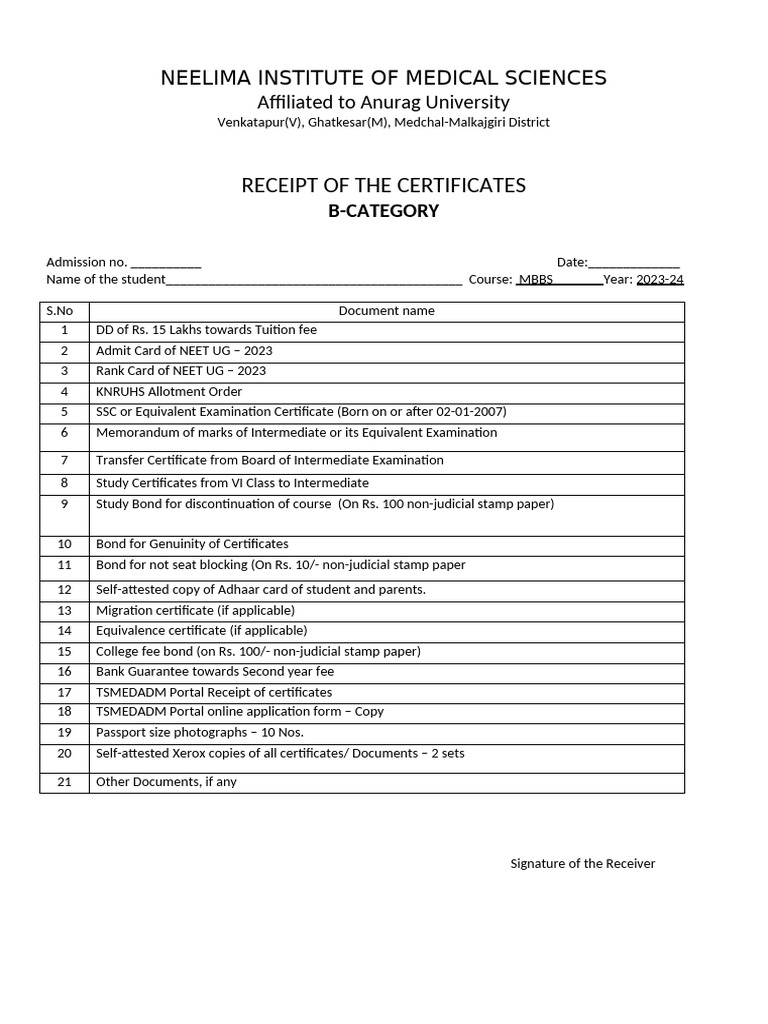 Receipt of Certificates MBBS Course 2023 24 | PDF | Educational Stages