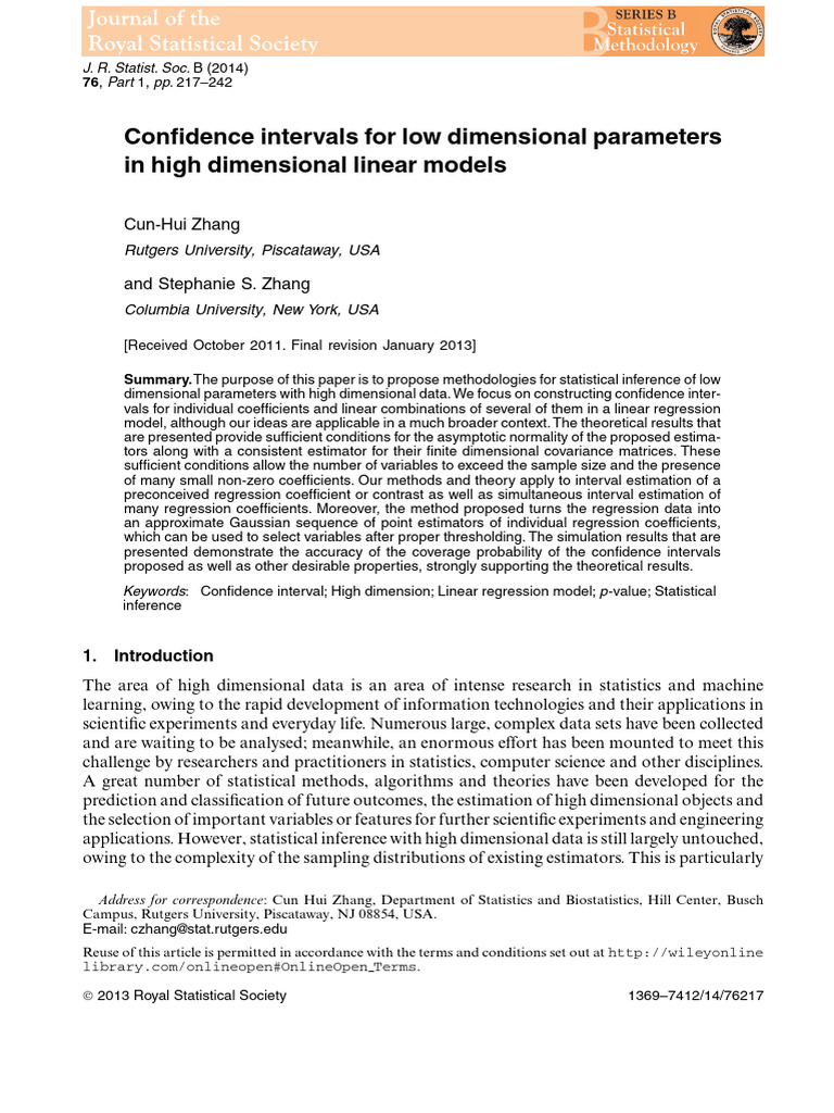 Confidence Intervals For Low Dimensional Parametersin High Dimensional ...