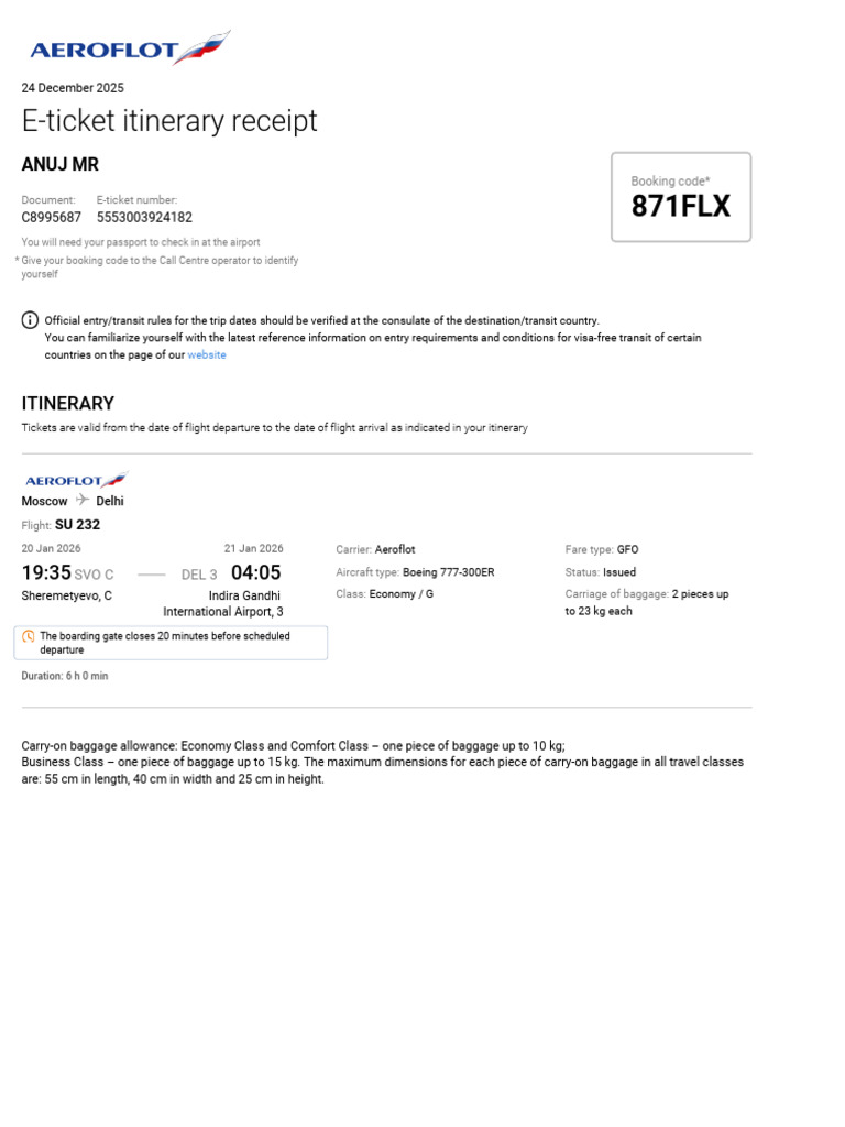 Aeroflot Flight SU 232 Itinerary Details | PDF