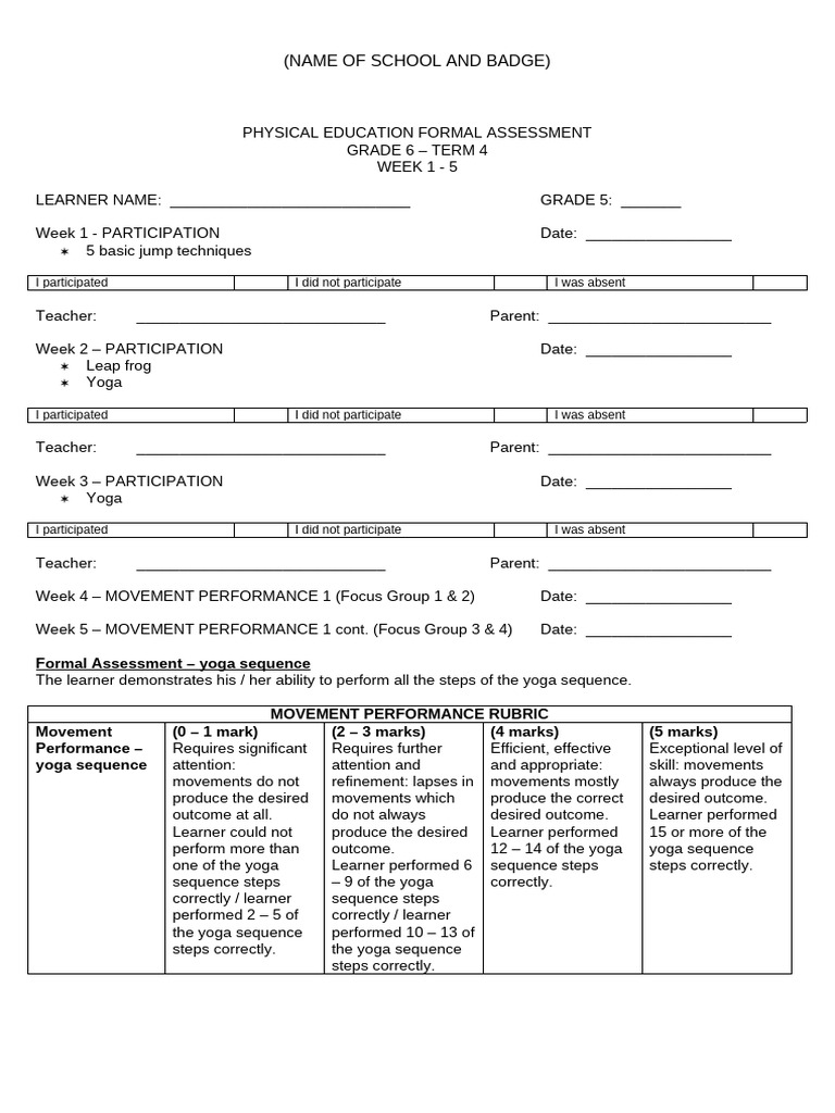 Grade 6 PE Assessment: Weeks 1-10 | PDF | Learning | Behavior Modification