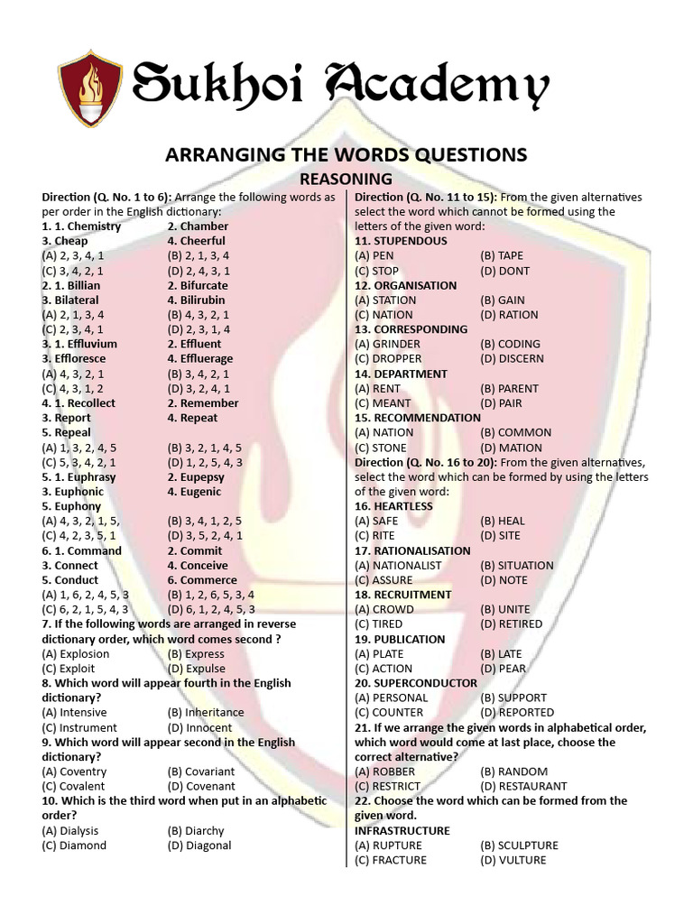 Word Arrangement and Reasoning Quiz | PDF | Chess Openings | Chess
