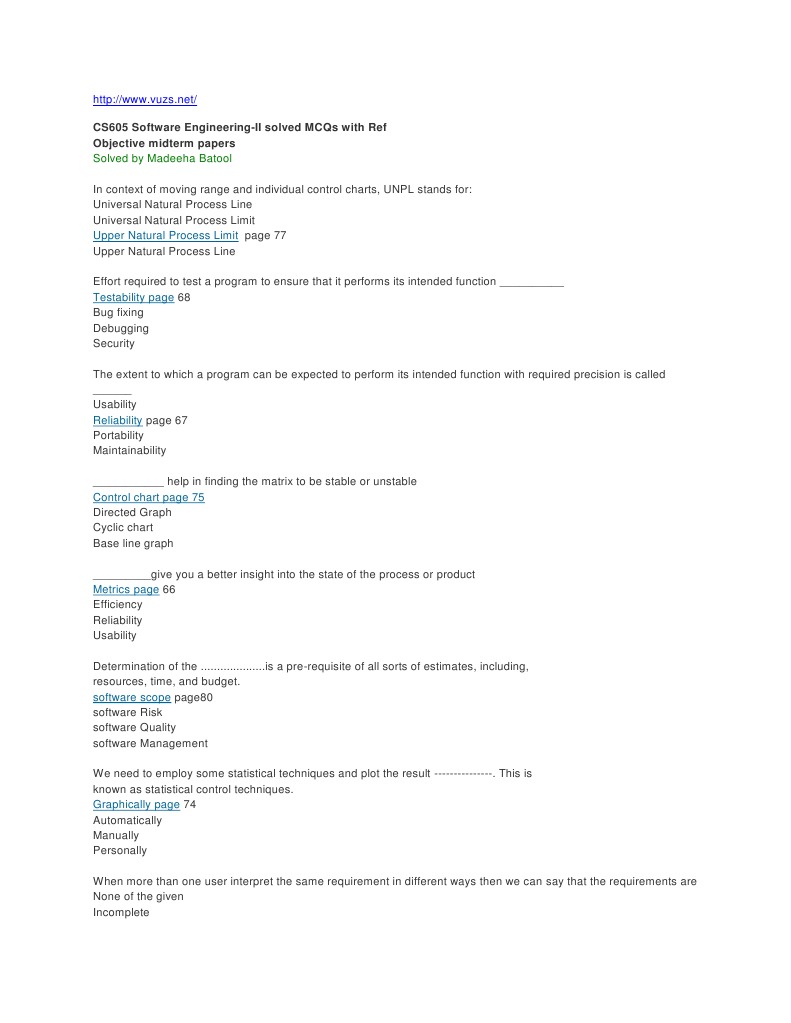 CS605 Software Engineering-II Solved MCQs With Ref | PDF | Reliability ... CS605 Software Engineering-II Solved MCQs With Ref | PDF | Reliability ...